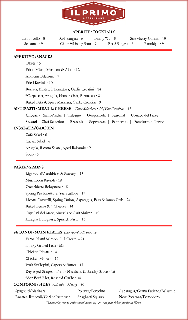 Our Menus | Il Primo Restaurant